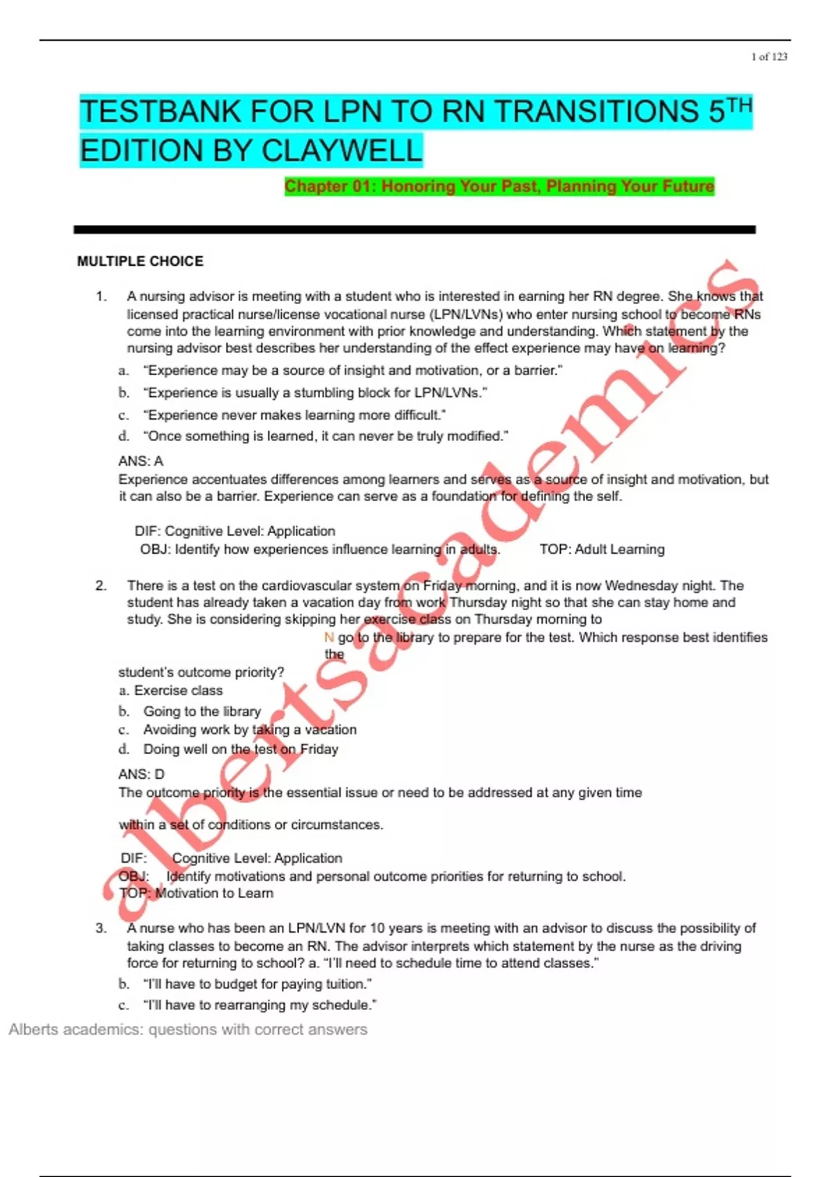TESTBANK FOR LPN TO RN TRANSITIONS 5TH EDITION BY CLAYWELL - LPN TO RN ...