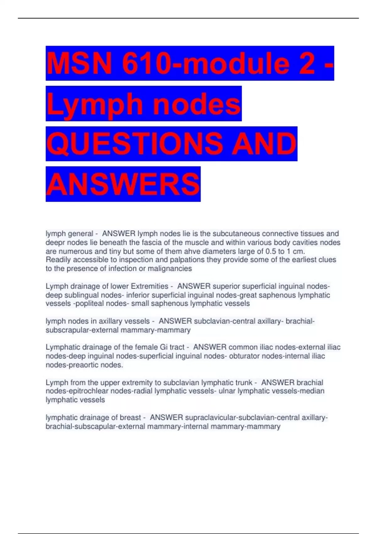 MSN 610-module 2 - Lymph nodes QUESTIONS AND ANSWERS - MSN 610 - Stuvia UK