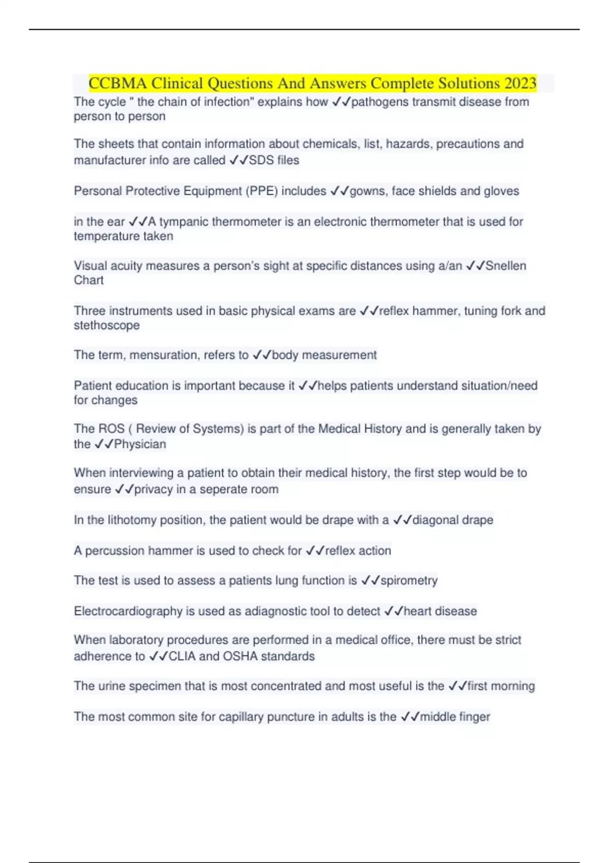 CCBMA Clinical Questions And Answers Complete Solutions 2023 - CCBMA ...