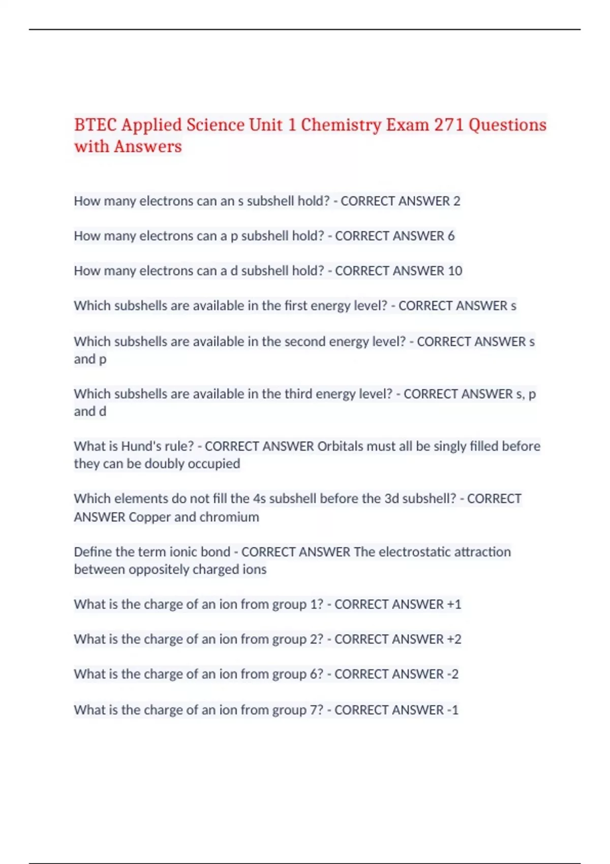 BTEC Applied Science Unit 1 Chemistry Exam 271 Questions with Answers ...