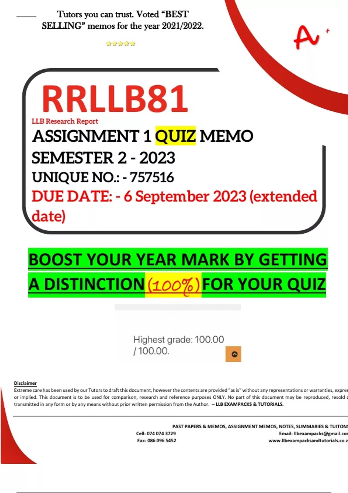 RRLLB81 ASSIGNMENT 1 QUIZ MEMO - SEMESTER 2 - 2023 - UNISA ...