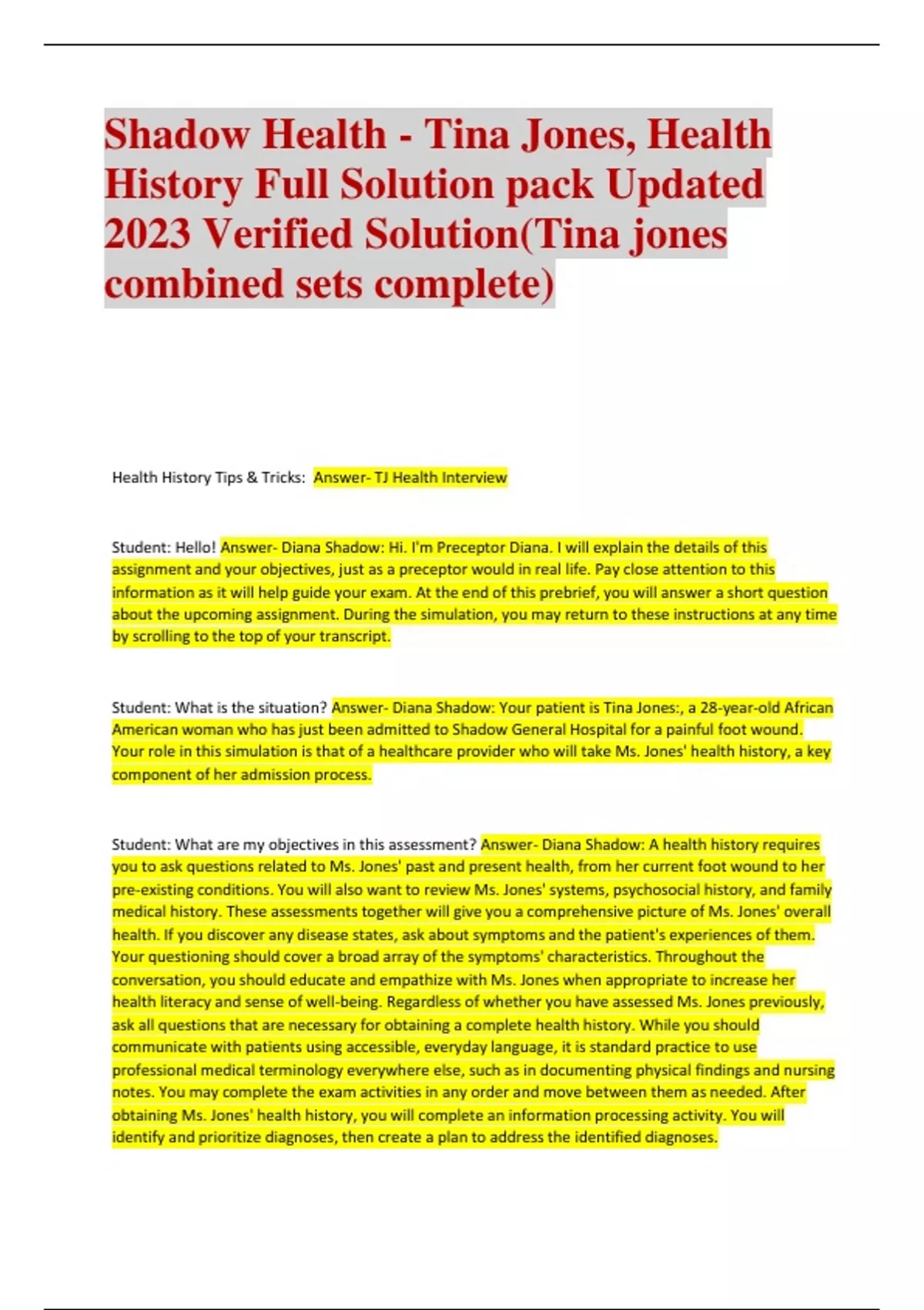 Shadow Health - Tina Jones, Health History Full Solution pack Updated ...