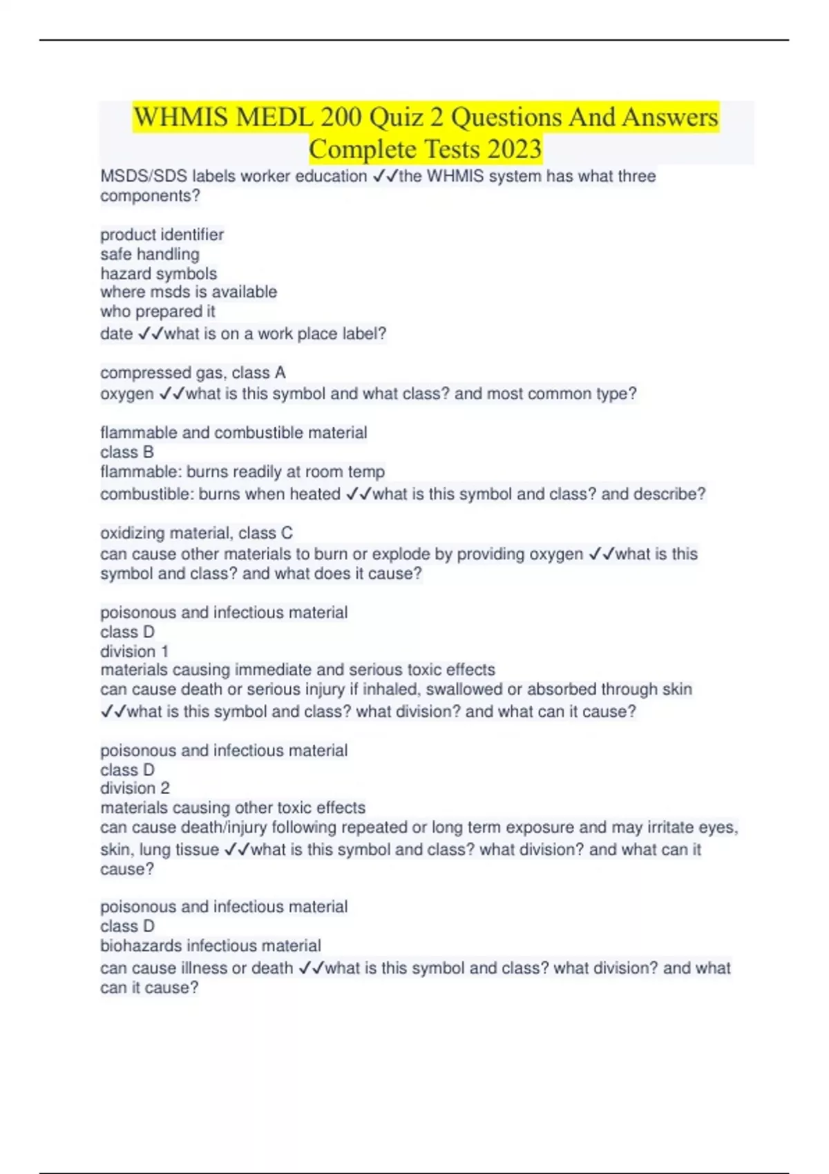 WHMIS MEDL 200 Quiz 2 Questions And Answers Complete Tests 2023 - WHMIS ...