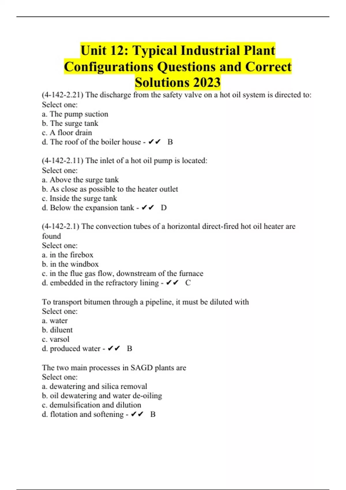 Unit 12: Typical Industrial Plant Configurations Questions and Correct ...