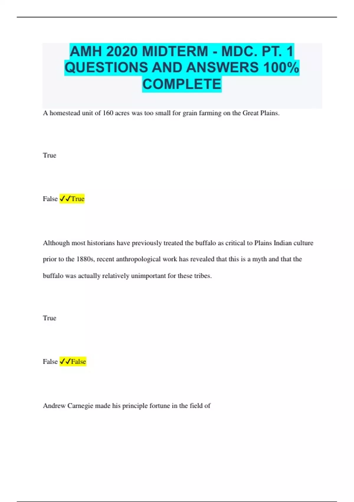 AMH 2020 MIDTERM - MDC. PT. 1 QUESTIONS AND ANSWERS 100% COMPLETE - AMH ...