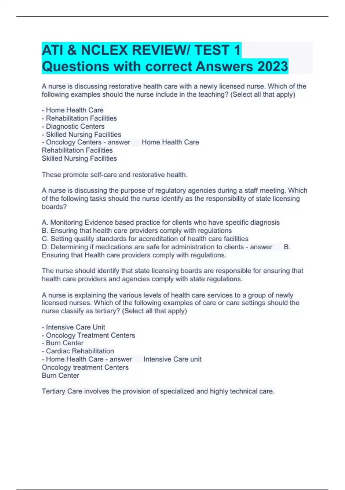 Ati And Nclex Review Test 1 Questions With Correct Answers 2023 Ati Rn Stuvia Us