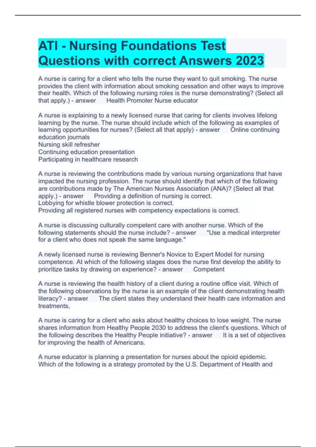 ATI - Nursing Foundations Test Questions with correct Answers 2023 ...