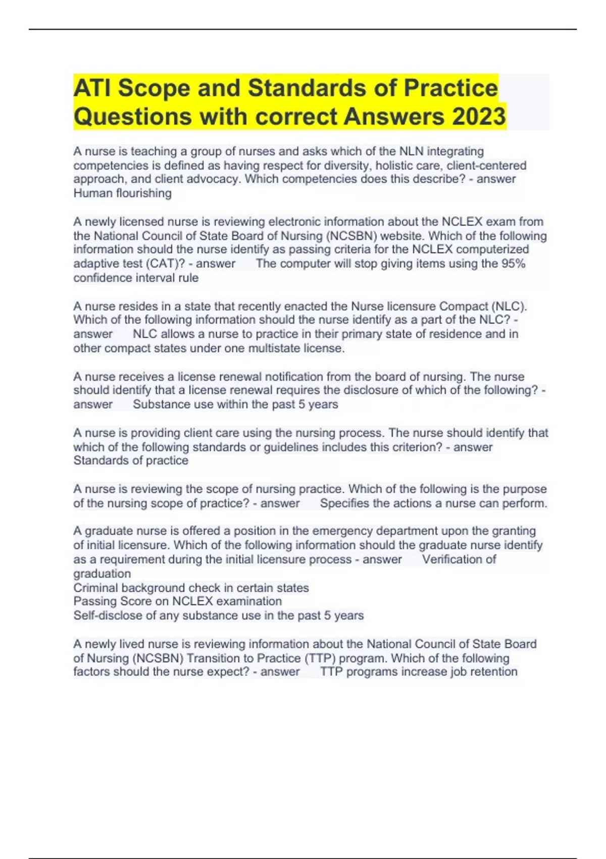 ATI Scope and Standards of Practice Questions with correct Answers 2023 ...