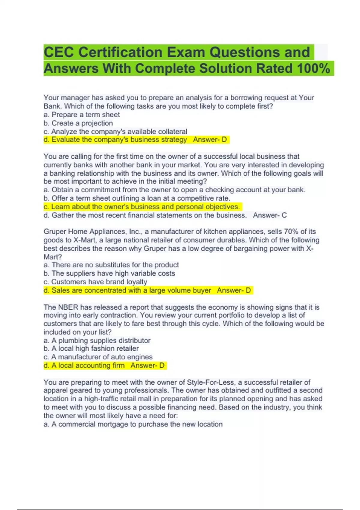 CEC Certification Test Questions With Correct Answers With Complete ...