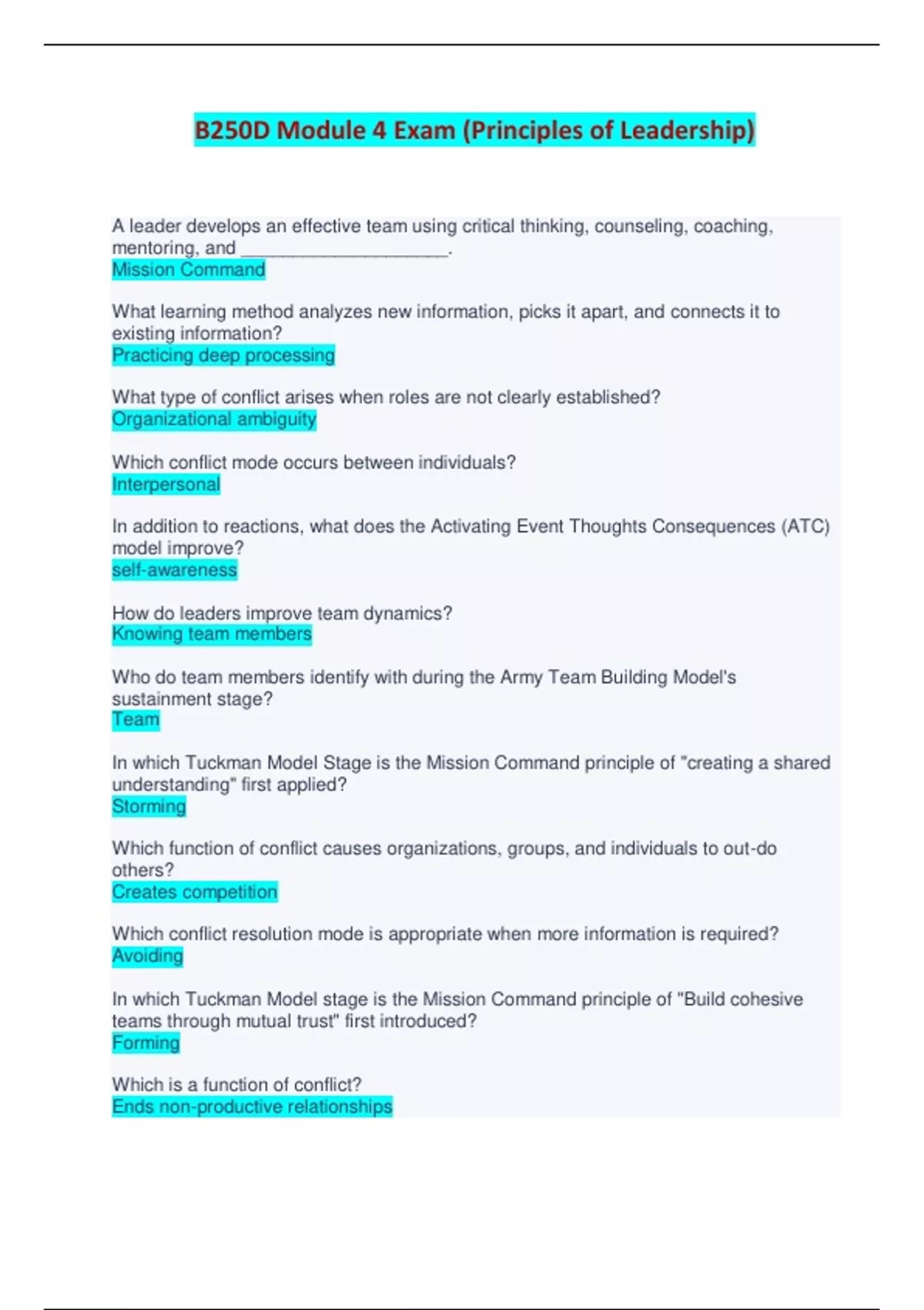 B250D Module 4 Exam (Principles of Leadership) - B250D Module 4 - Stuvia US