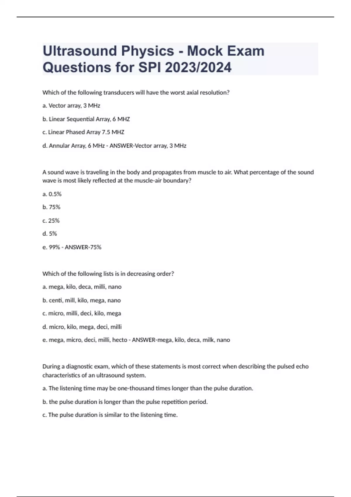 Ultrasound Physics - Mock Exam Questions for SPI 2023/2024 - Ultrasound ...