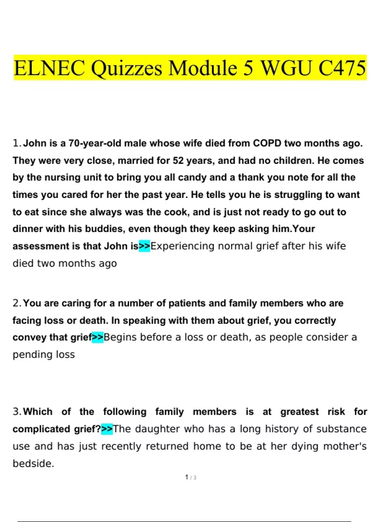 Bundle for ElNEC Quizzes Modules 1 -6 WGU C475 Compilation | Verified ...