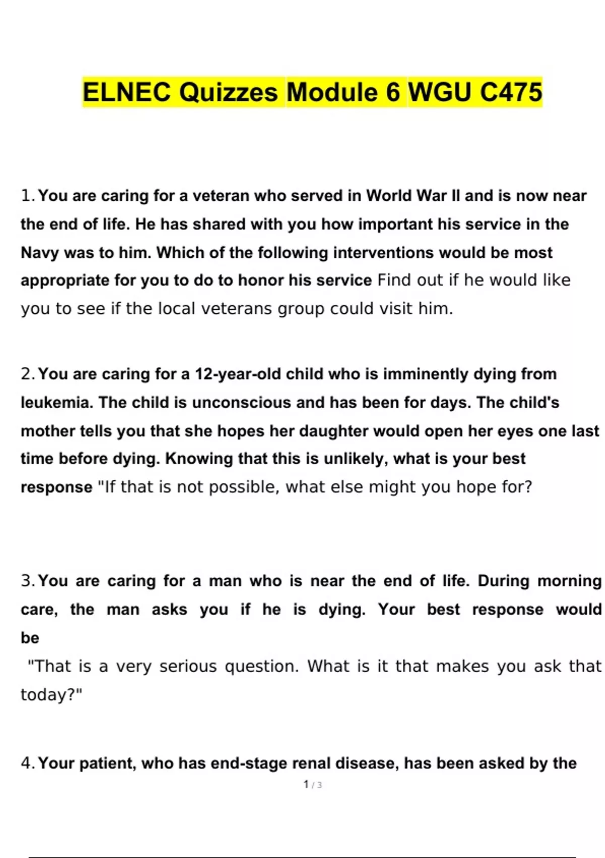 ElNEC Quizzes Module 6 WGU C475 Questions and Answers Latest [100% ...