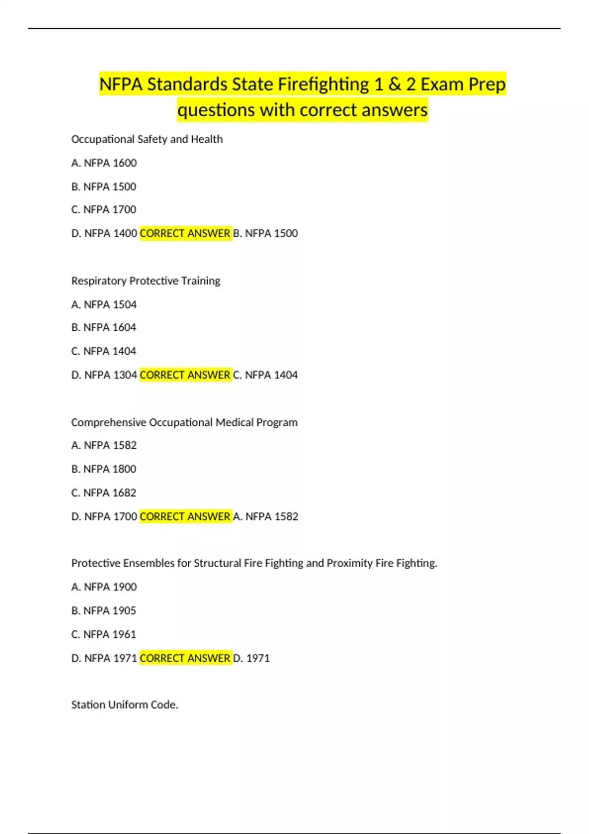 NFPA Standards State Firefighting 1 & 2 Exam Prep questions with ...