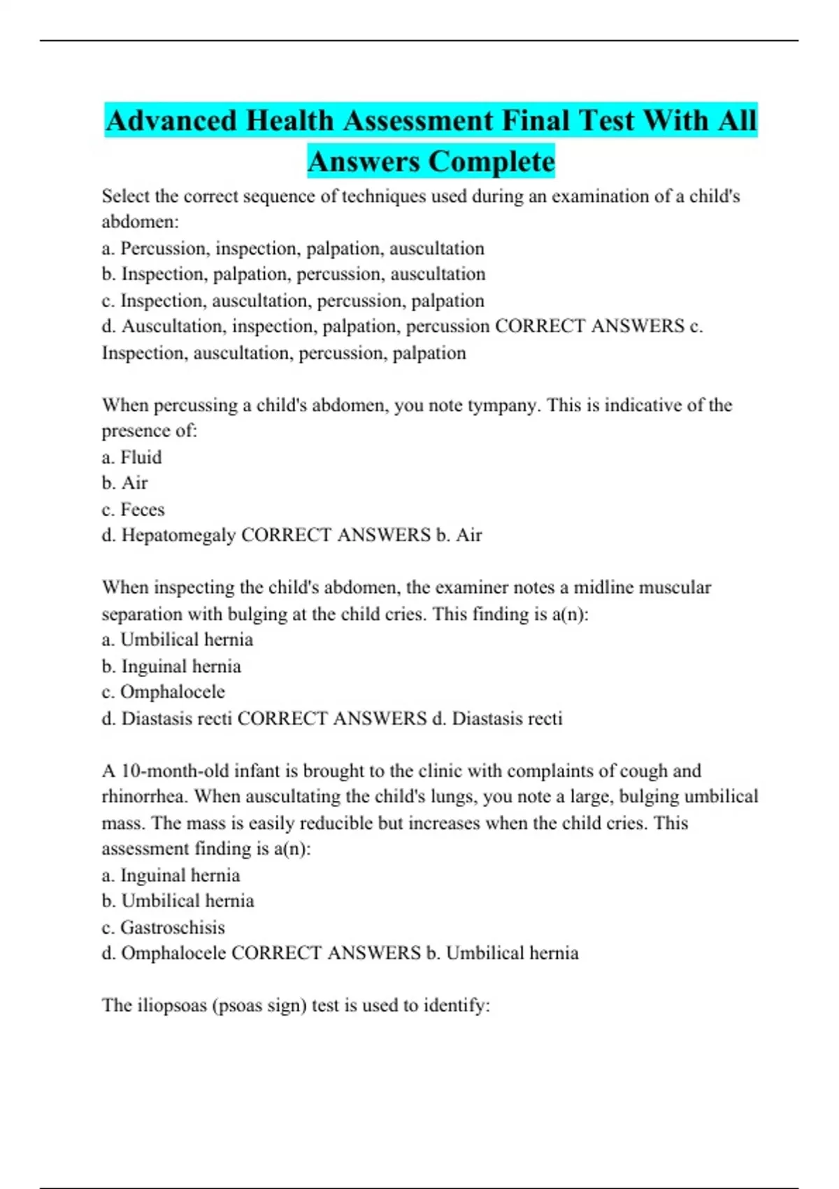 Advanced Health Assessment Final Test With All Answers Complete ...