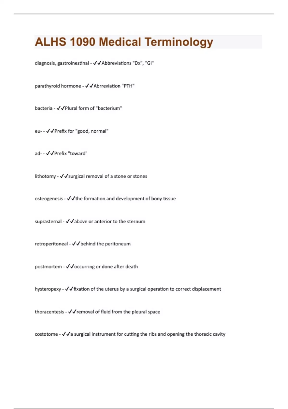 ALHS 1090 Medical Terminology | 77 Questions and Answers(A+ Solution guide) - ALHS 1090 Medical ...