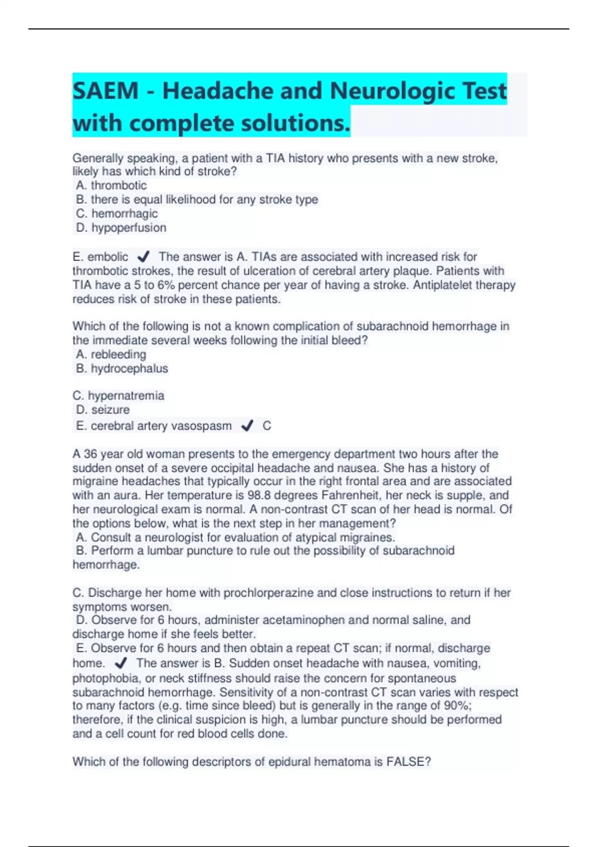 SAEM - Headache and Neurologic Test with complete solutions | Latest ...