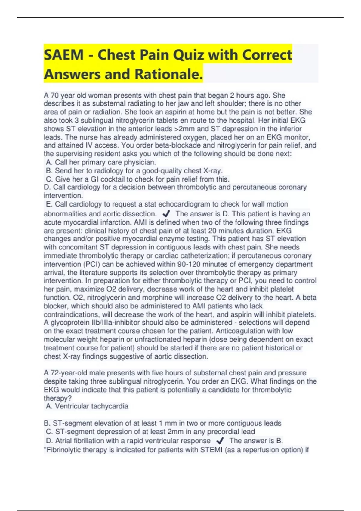 SAEM - Chest Pain Quiz with Correct Answers and Rationale | Latest 2023 ...
