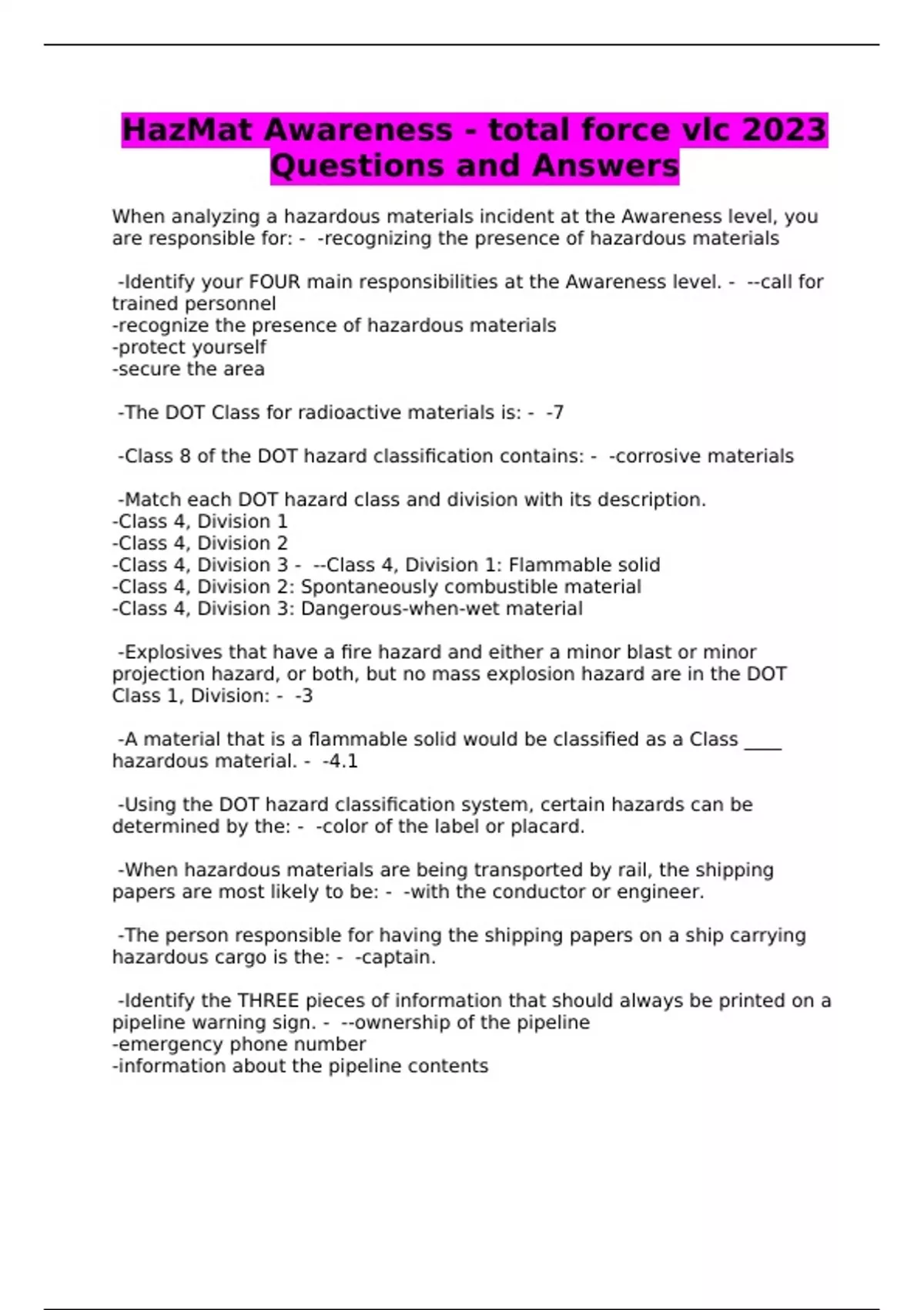 HazMat Awareness - total force vlc 2023 Questions and Answers - HazMat ...