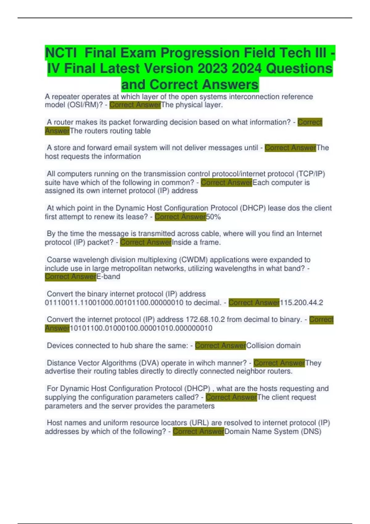 NCTI Final Exam Progression Field Tech III - IV Final Latest Version ...