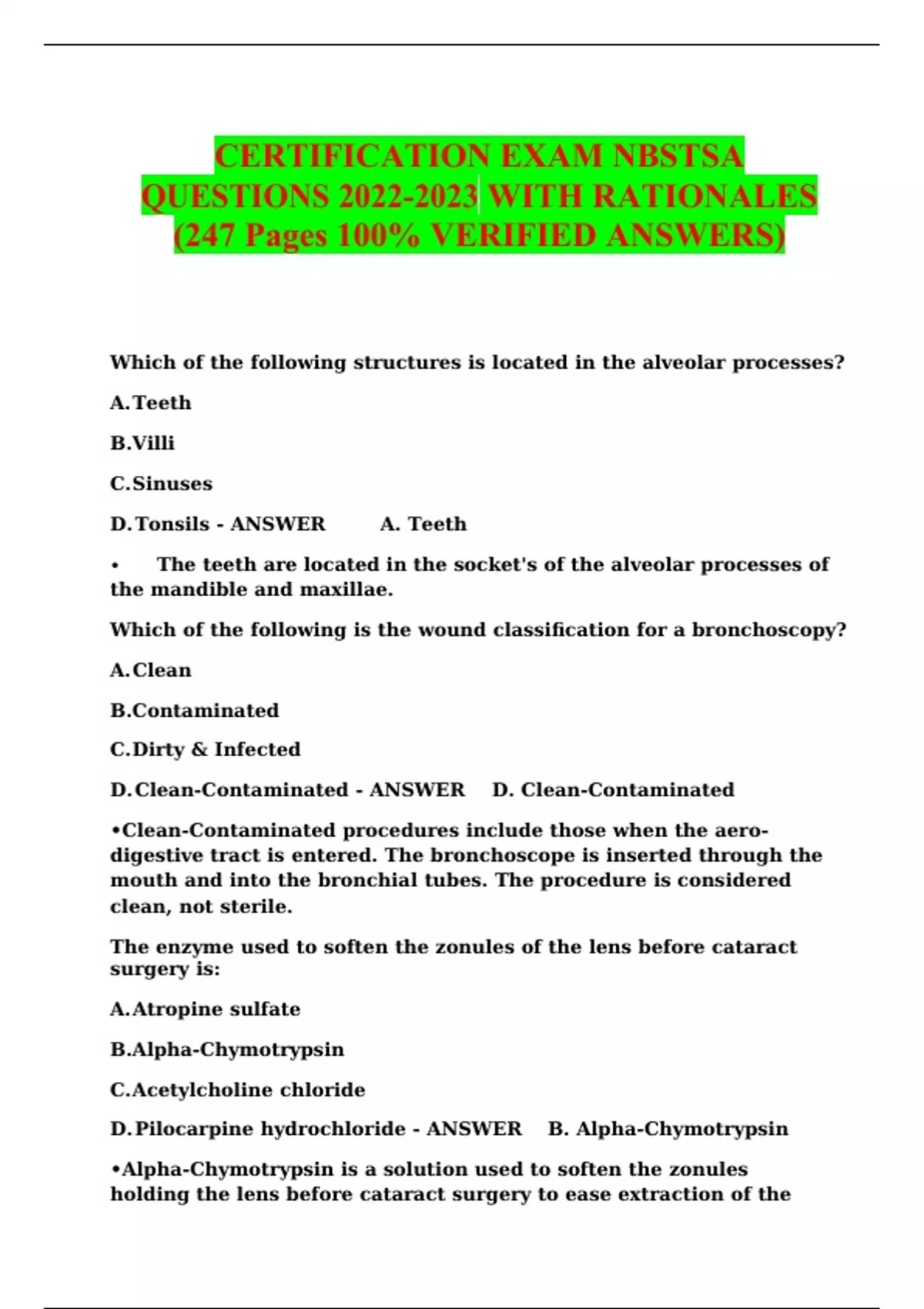 CERTIFICATION EXAM NBSTSA QUESTIONS WITH RATIONALES (247 Pages 100% ...