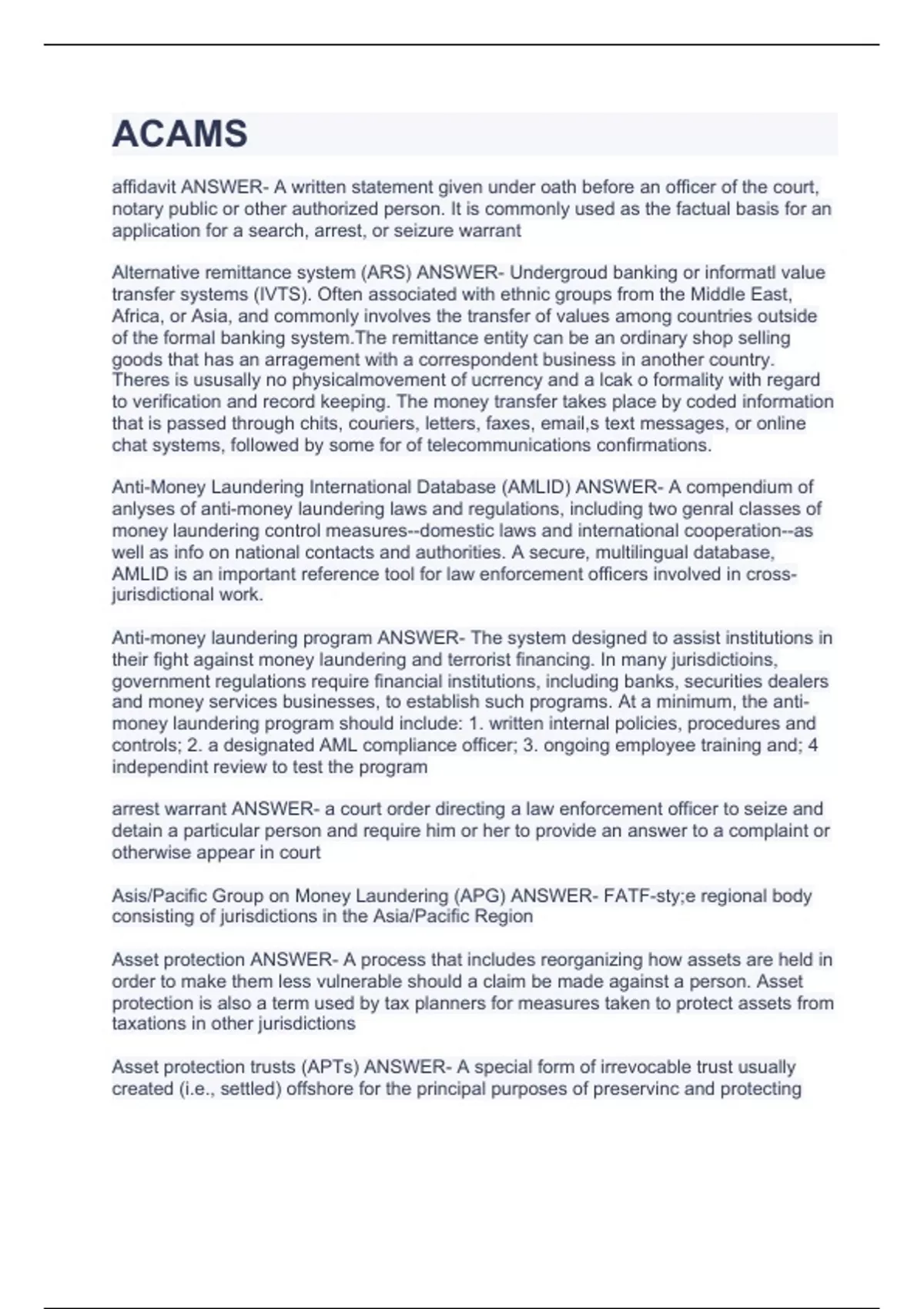 ACAMS| Questions with correct answers - Acams - Stuvia US