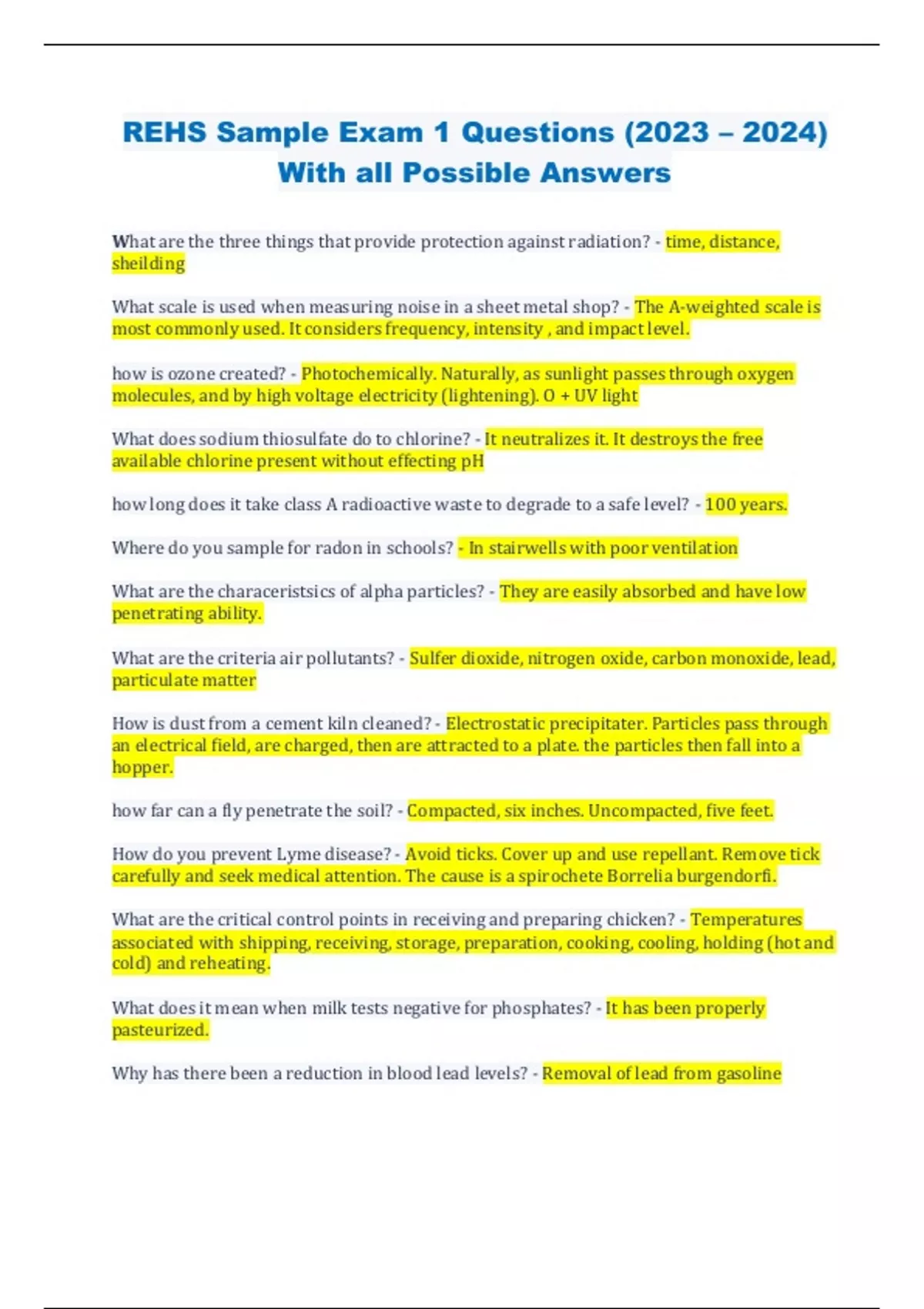 REHS Sample Exam 1 Questions (2023 – 2024) With all Possible Answers ...