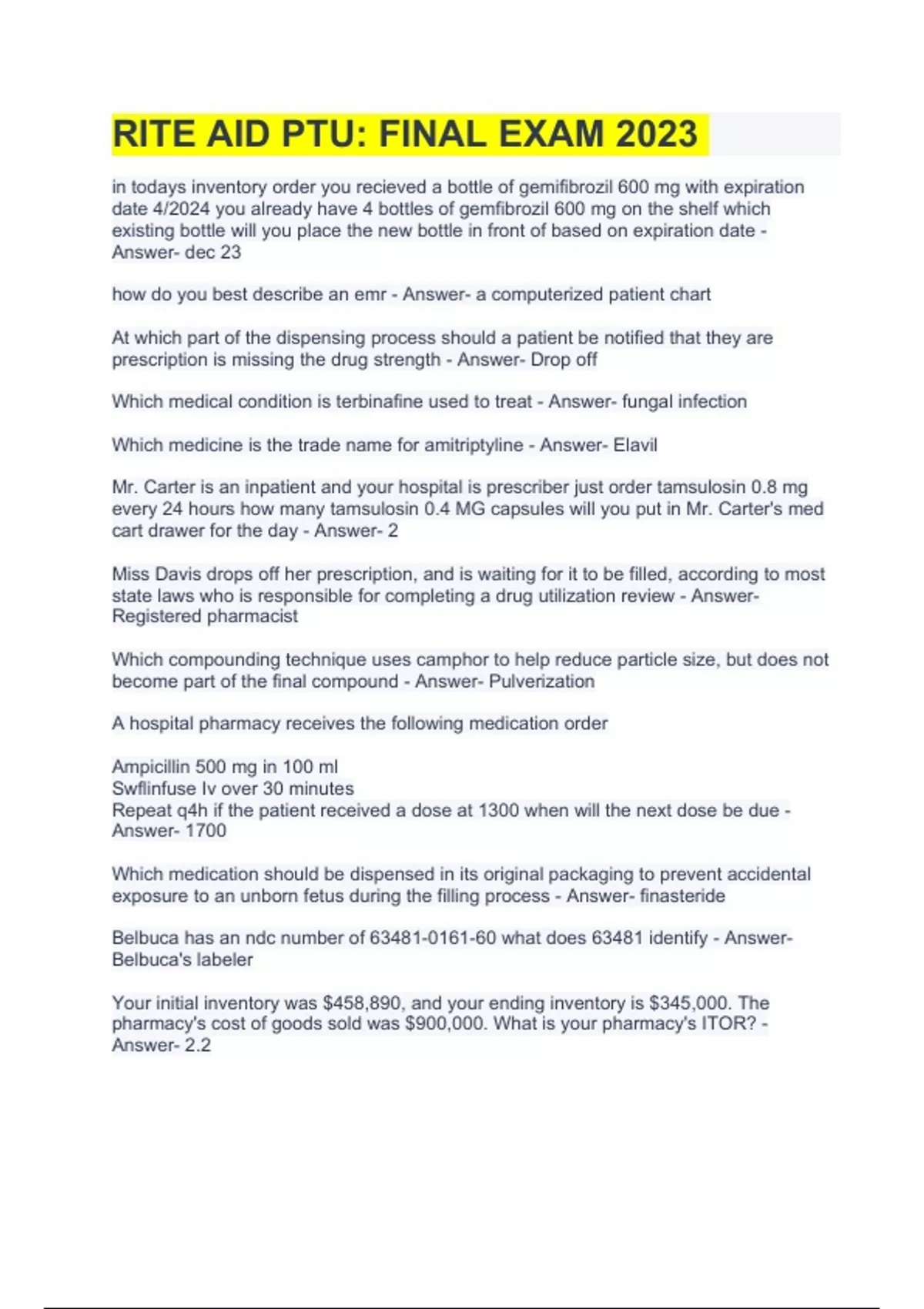 RITE AID PTU: FINAL EXAM 2023, PTU Final Exam(Updated 2023) Questions ...