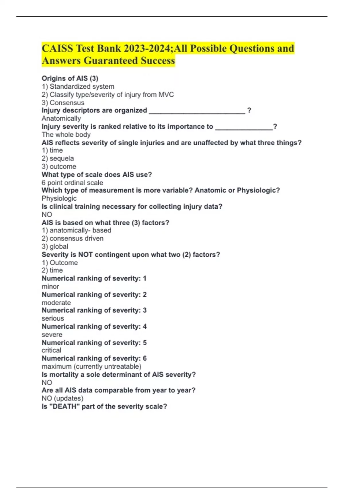 CAISS Test Bank ;All Possible Questions and Answers Guaranteed Success ...