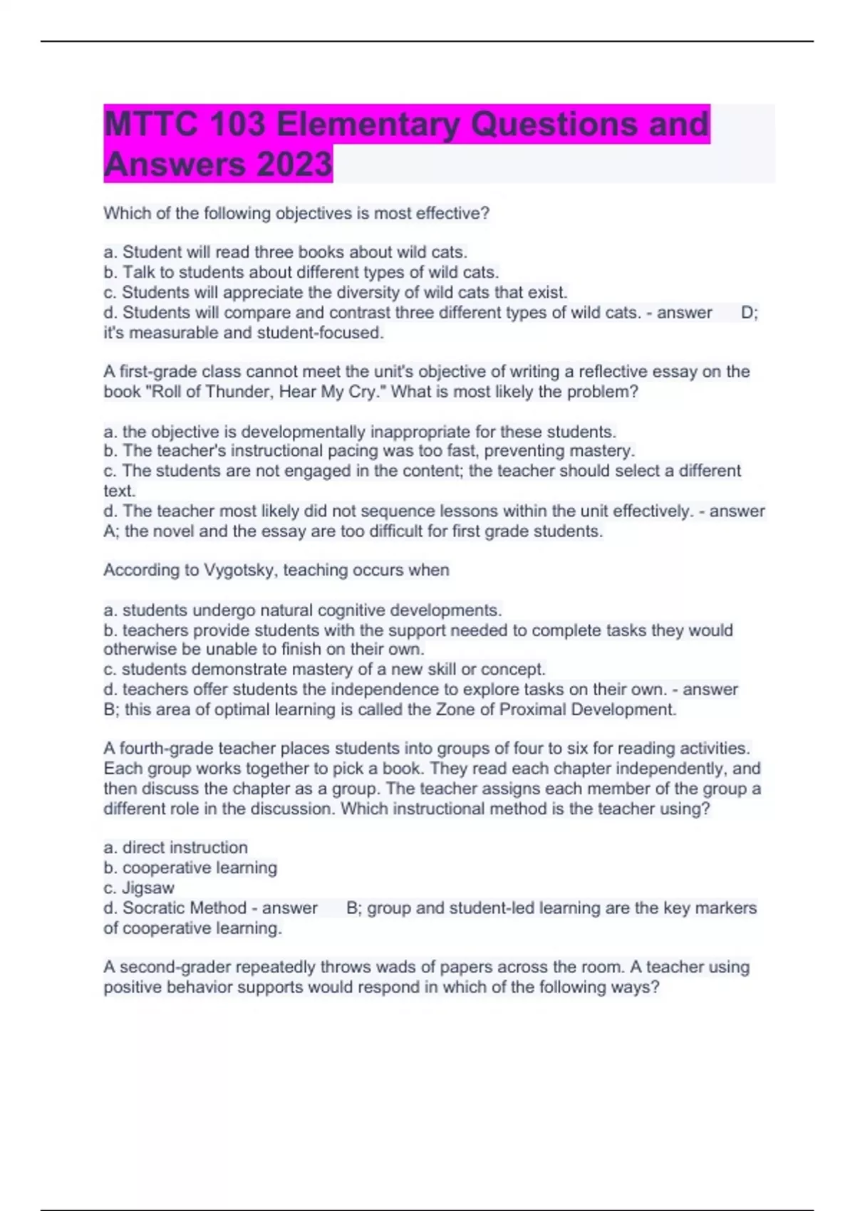 MTTC 103 Elementary Questions and Answers 2023 - MTTC - Stuvia US