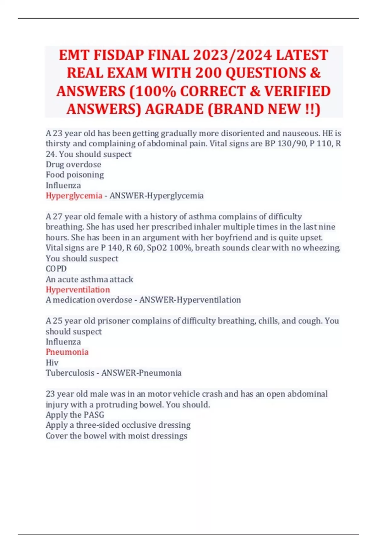 Emt Fisdap Final 2023 2024 Latest Real Exam With 200 Questions And Answers 100 Correct