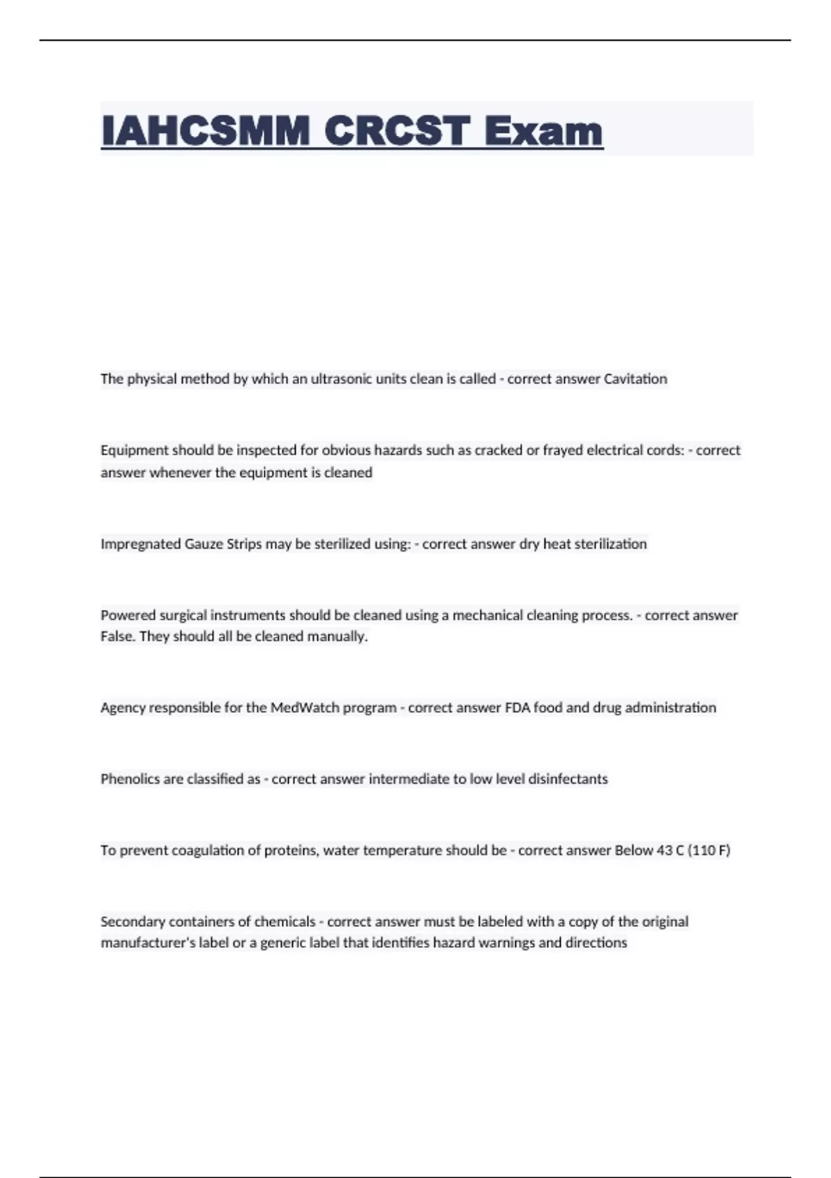 IAHCSMM CRCST Exam with correct answers - IAHCSMM - Stuvia UK