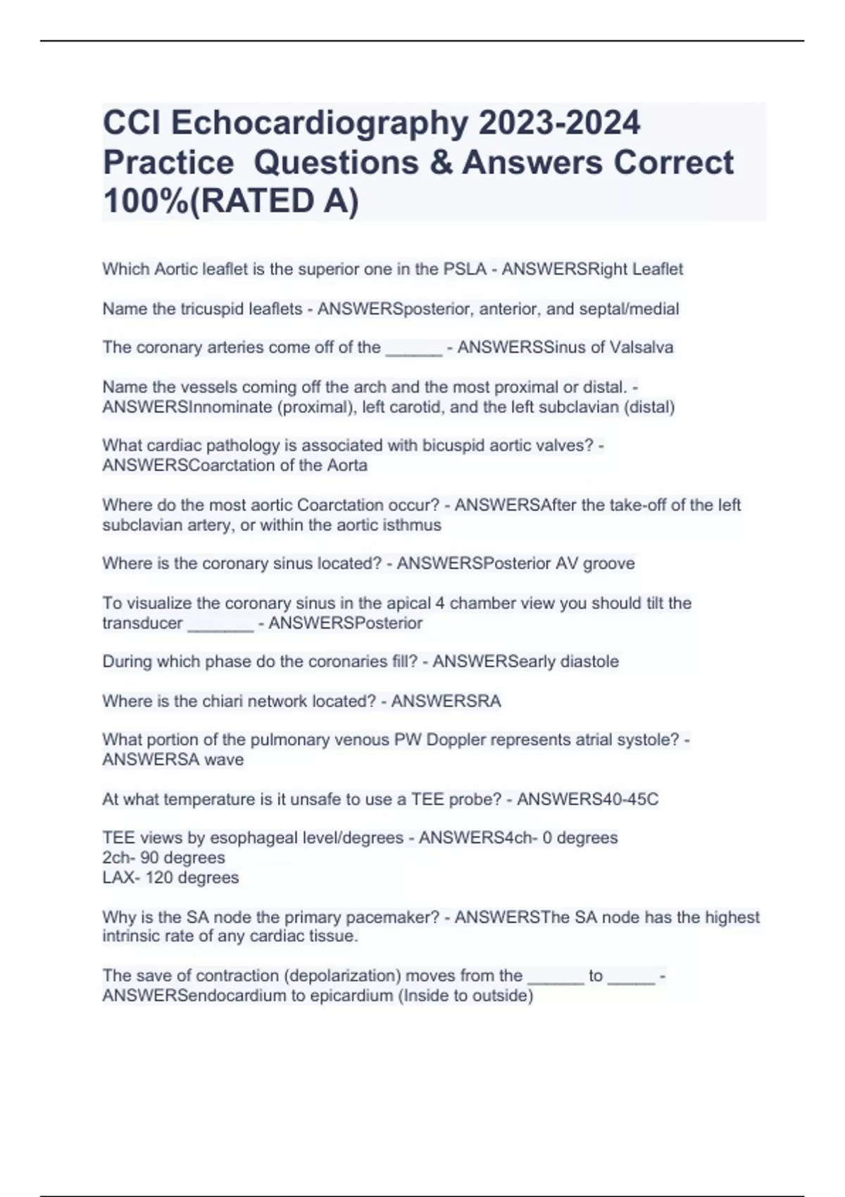 CCI Echocardiography Practice Questions & Answers Correct 100%(RATED A ...