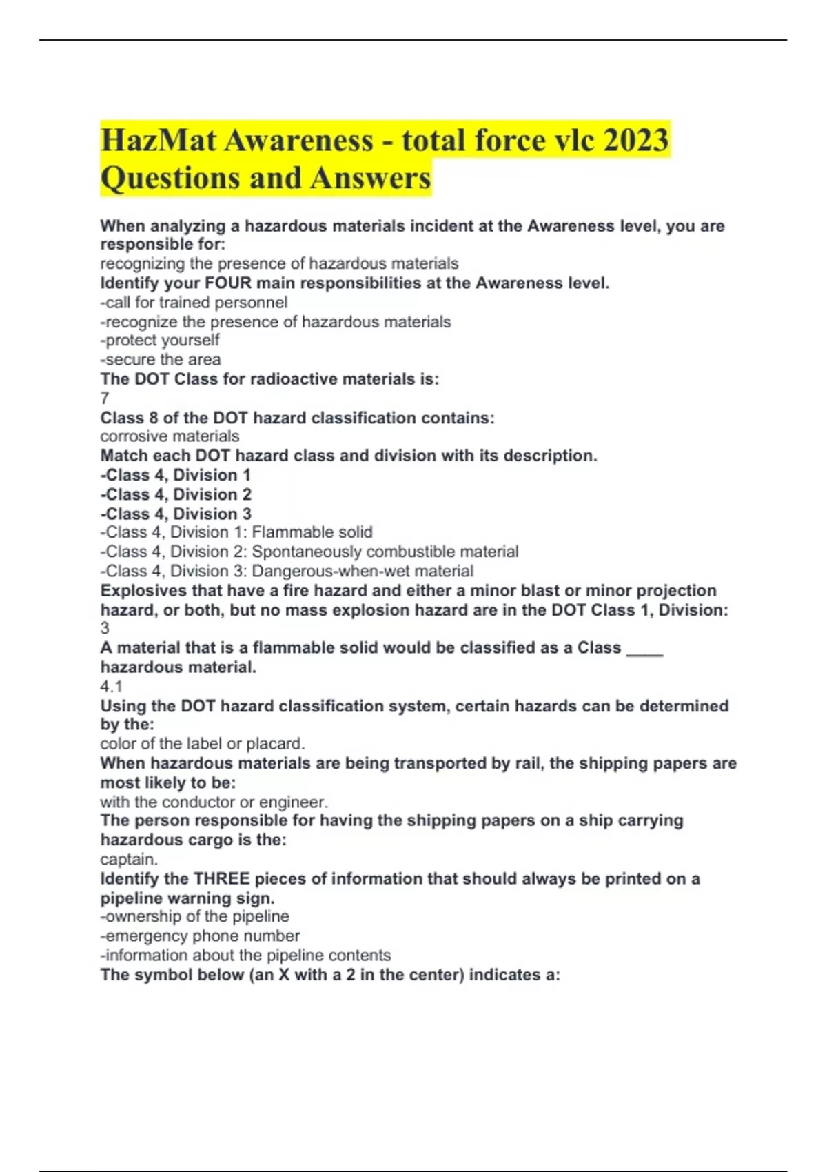 HazMat Awareness - total force vlc 2023 Questions and Answers - HazMat ...