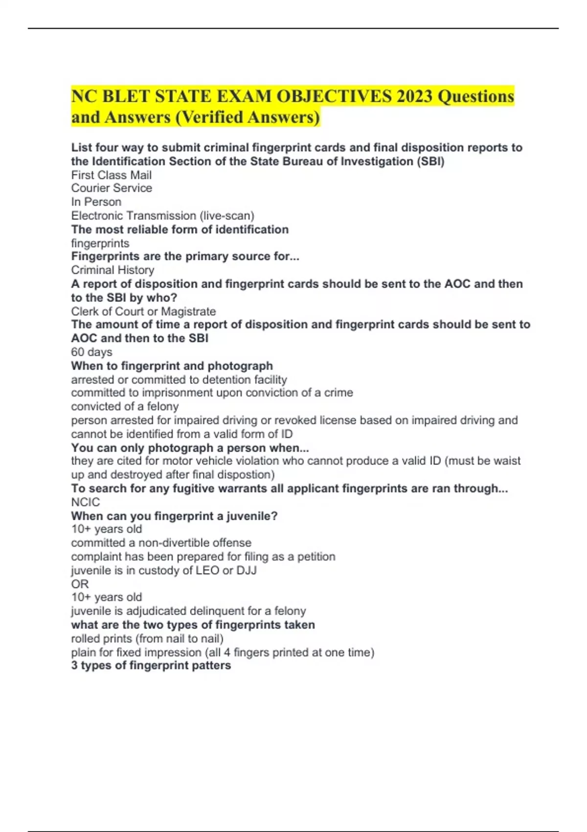 NC BLET STATE EXAM OBJECTIVES 2023 Questions and Answers (Verified ...