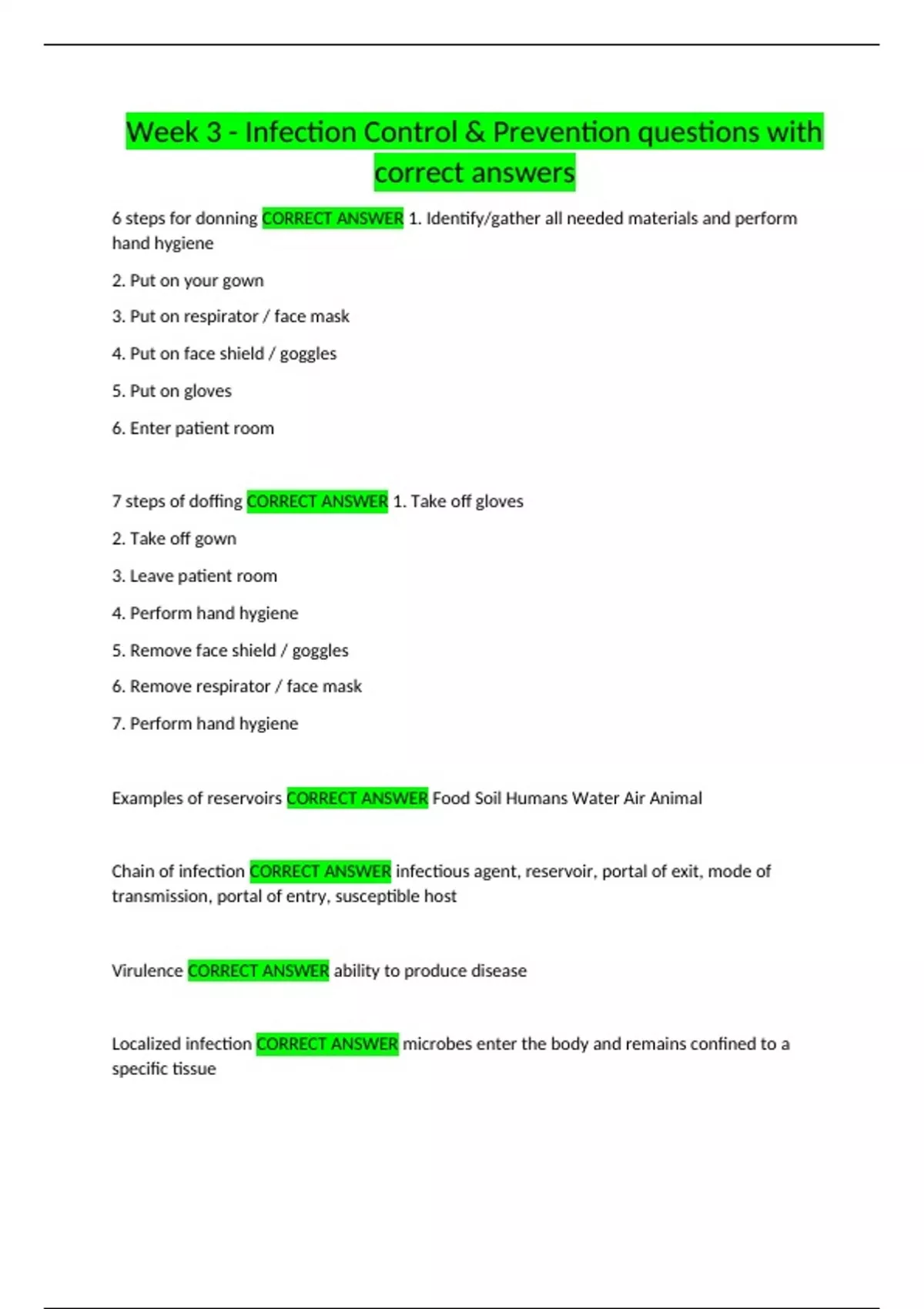 Week 3 - Infection Control & Prevention questions with correct answers ...