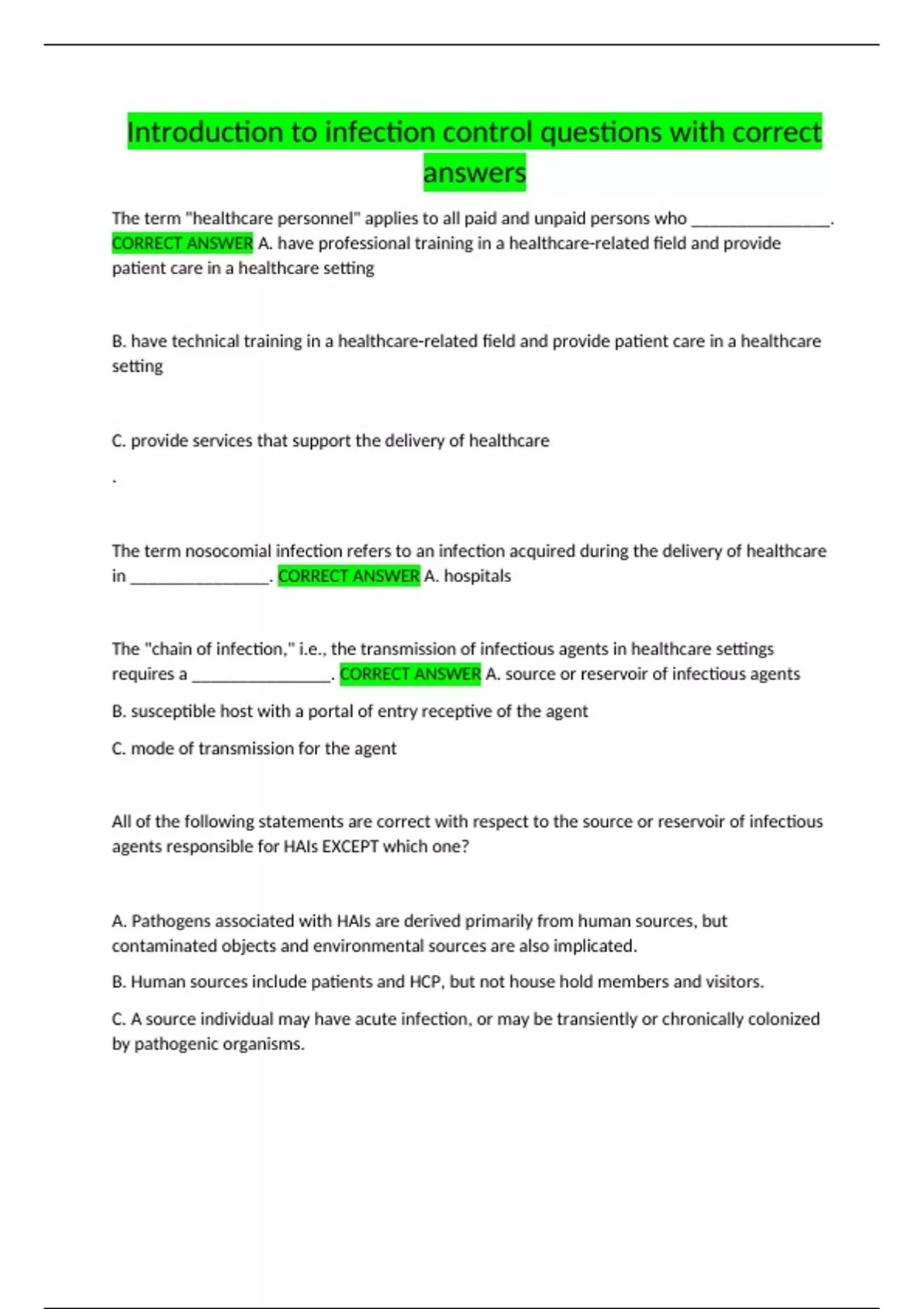 Introduction to infection control questions with correct answers - CIC ...