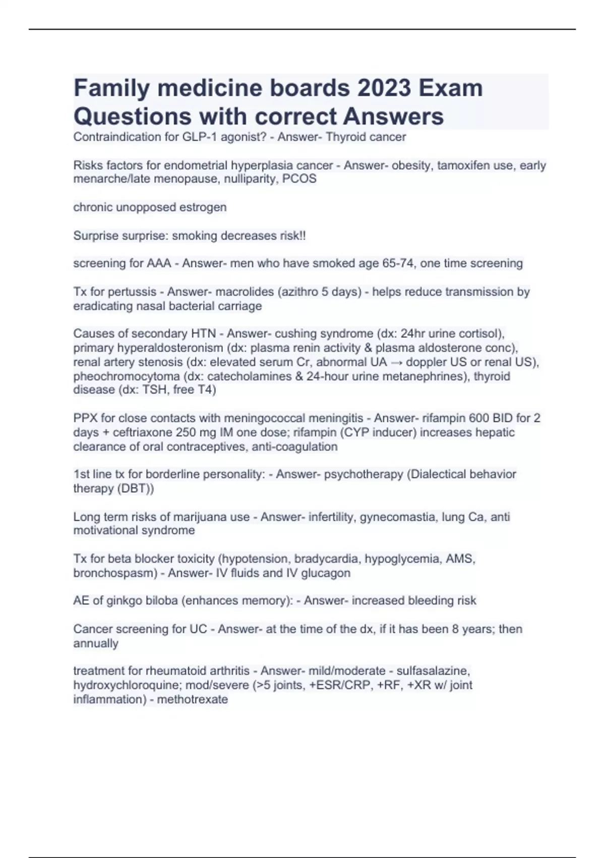 Family medicine boards 2023 Exam Questions with correct Answers ...