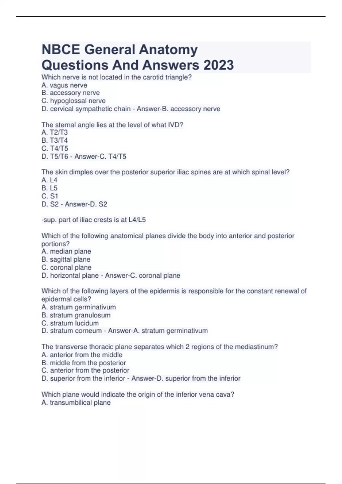 NBCE General Anatomy Questions And Answers 2023 - NBCE - Stuvia US