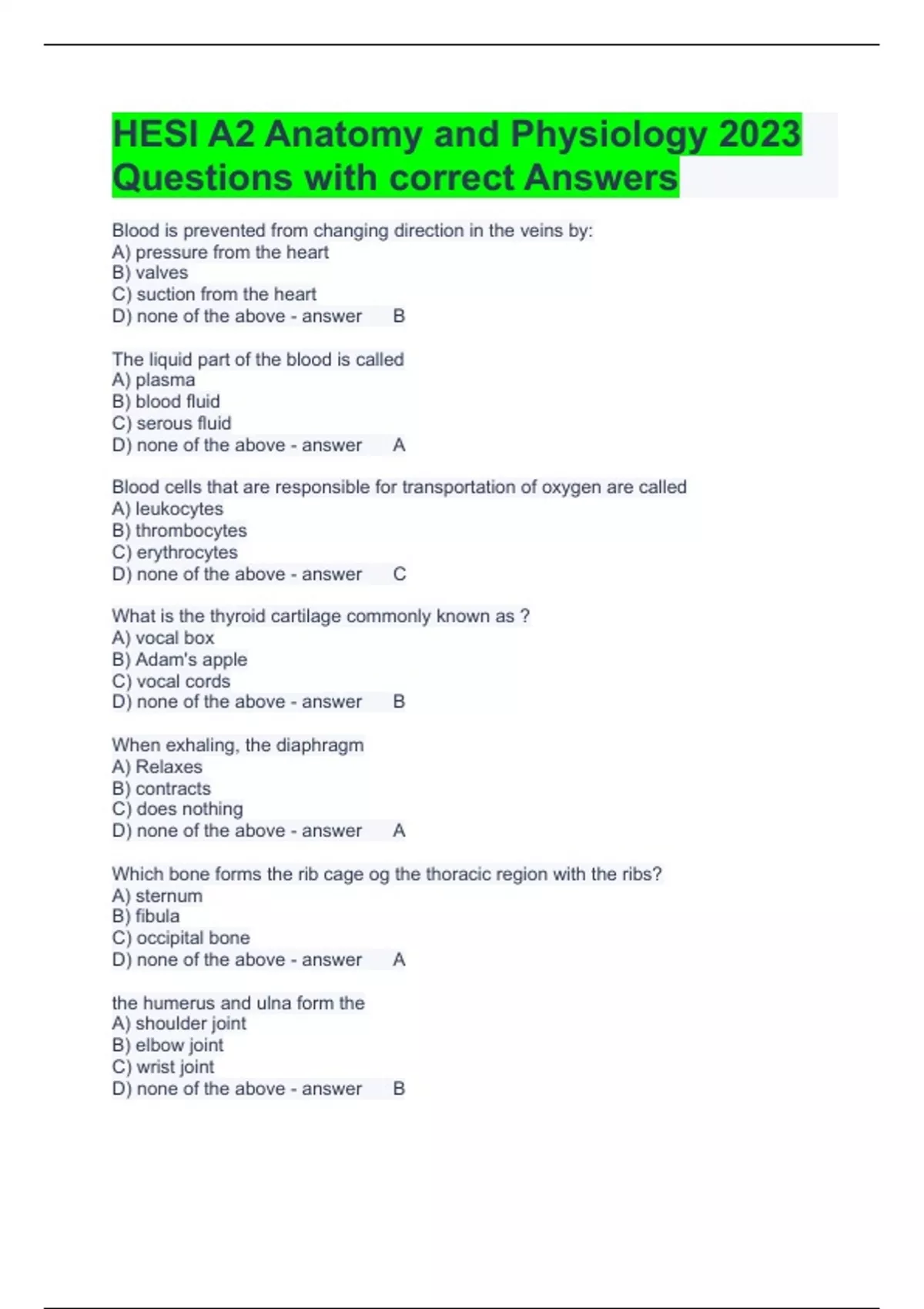 HESI A2 Anatomy And Physiology 2023 Questions With Correct Answers
