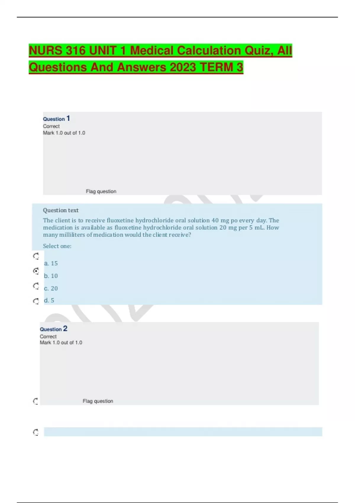 NURS 316 UNIT QUIZ 1 , 2, 3, 4,5 ,6 & 7 term 3 exam 2 & NURS 316 UNIT 1 Medical Calculation Quiz ...
