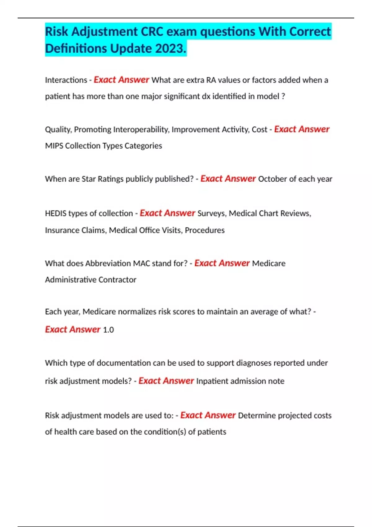 Risk Adjustment CRC exam questions With Correct Definitions Update 2023 ...