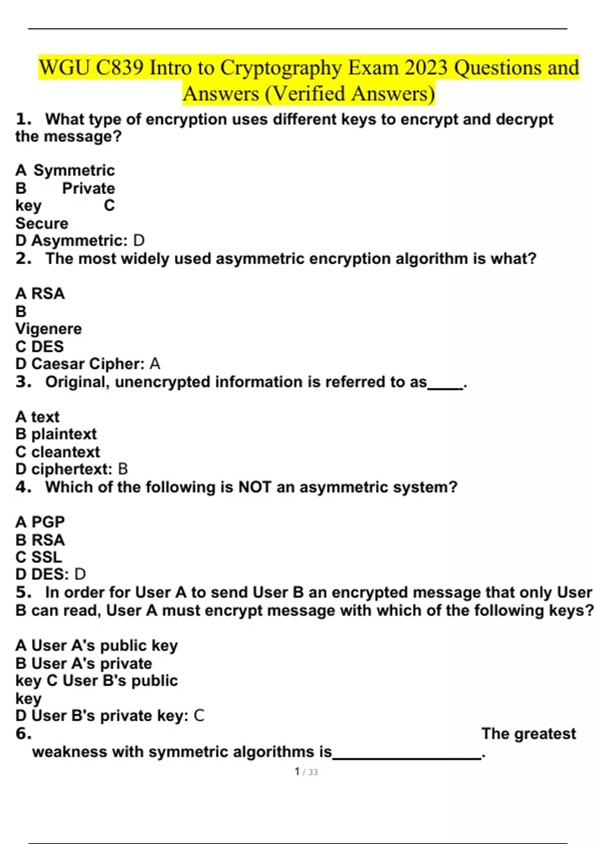 C839 - Intro to Cryptography Exam-with 100% verified solutions- - WGU C839 - Stuvia US