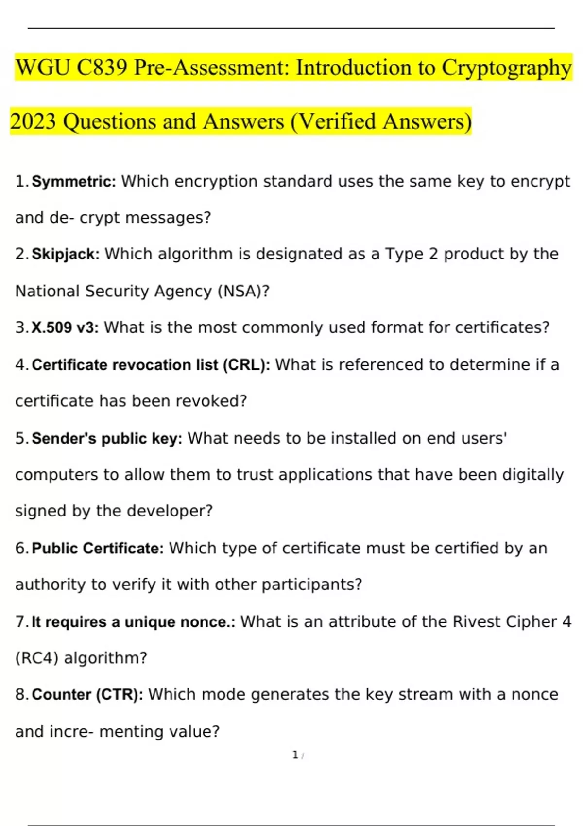 WGU C839 Pre-Assessment: Introduction to Cryptography Questions and Answers (Verified Answers ...