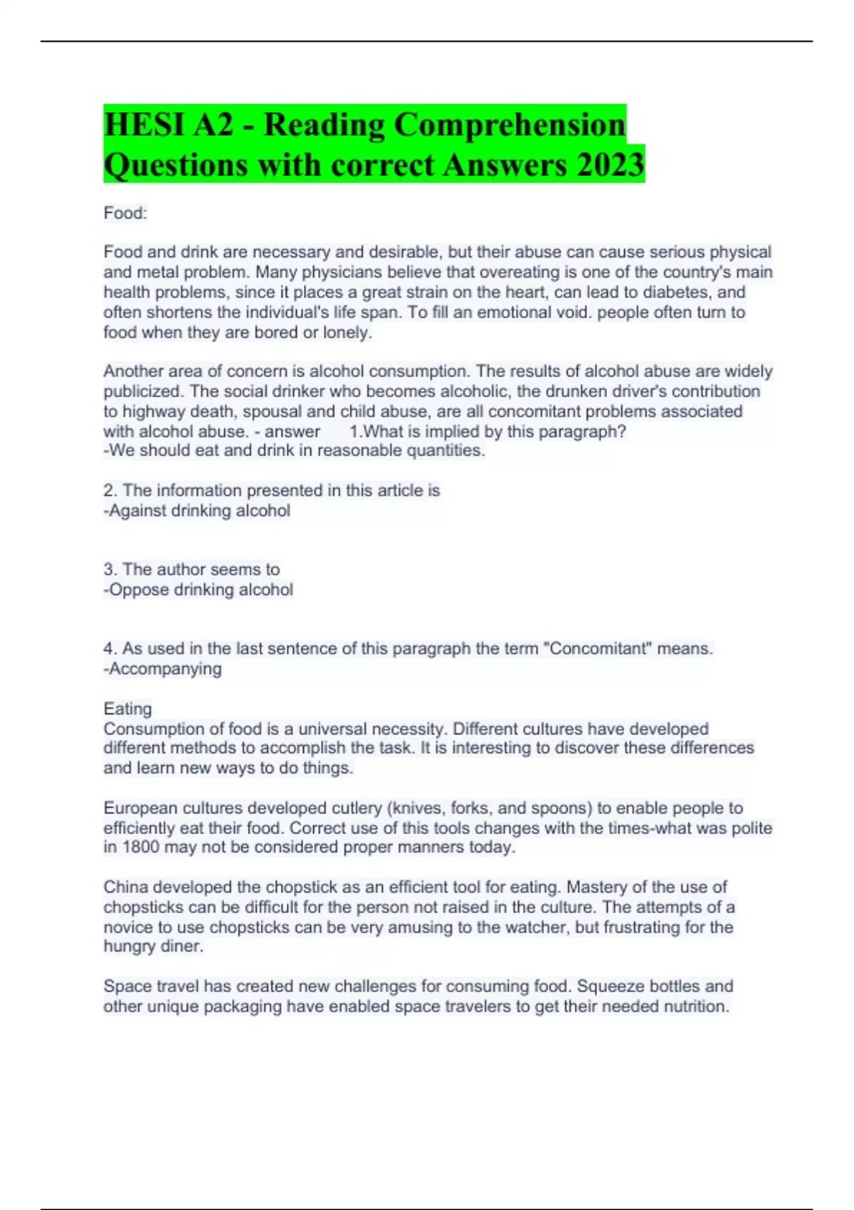 Hesi A2 Reading Comprehension Questions With Correct Answers 2023