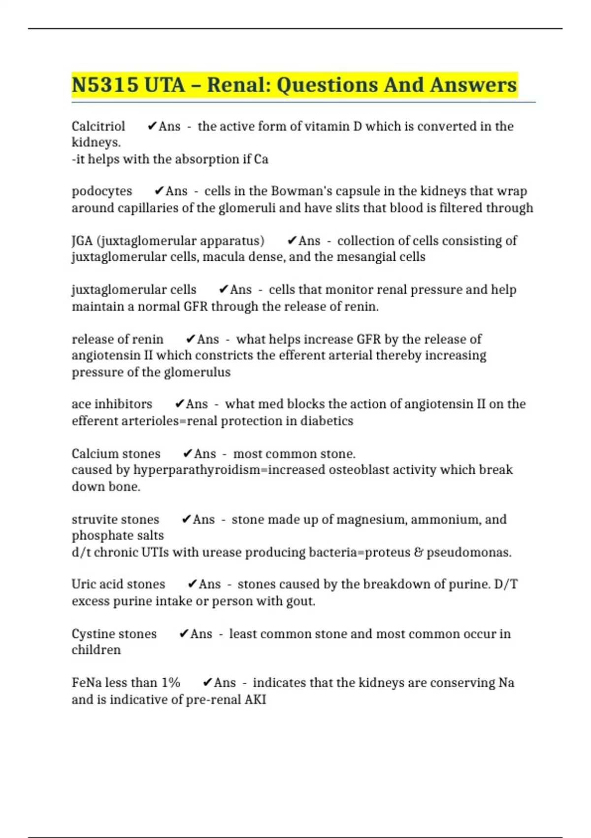 N5315 UTA – Renal: Questions And Answers - NURS 5315 UTA - Stuvia US