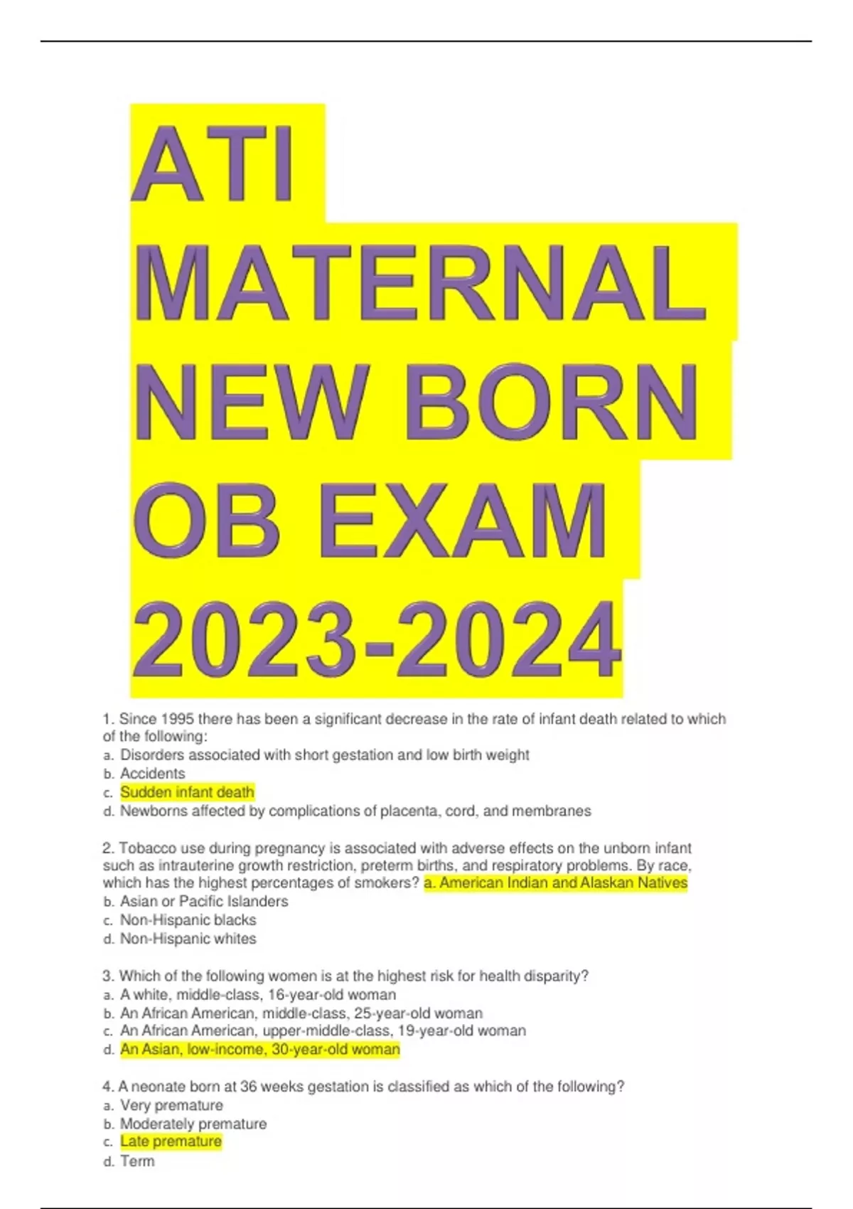 ATI MATERNAL NEW BORN OB EXAM - ATI MATERNAL NEW BORN - Stuvia US