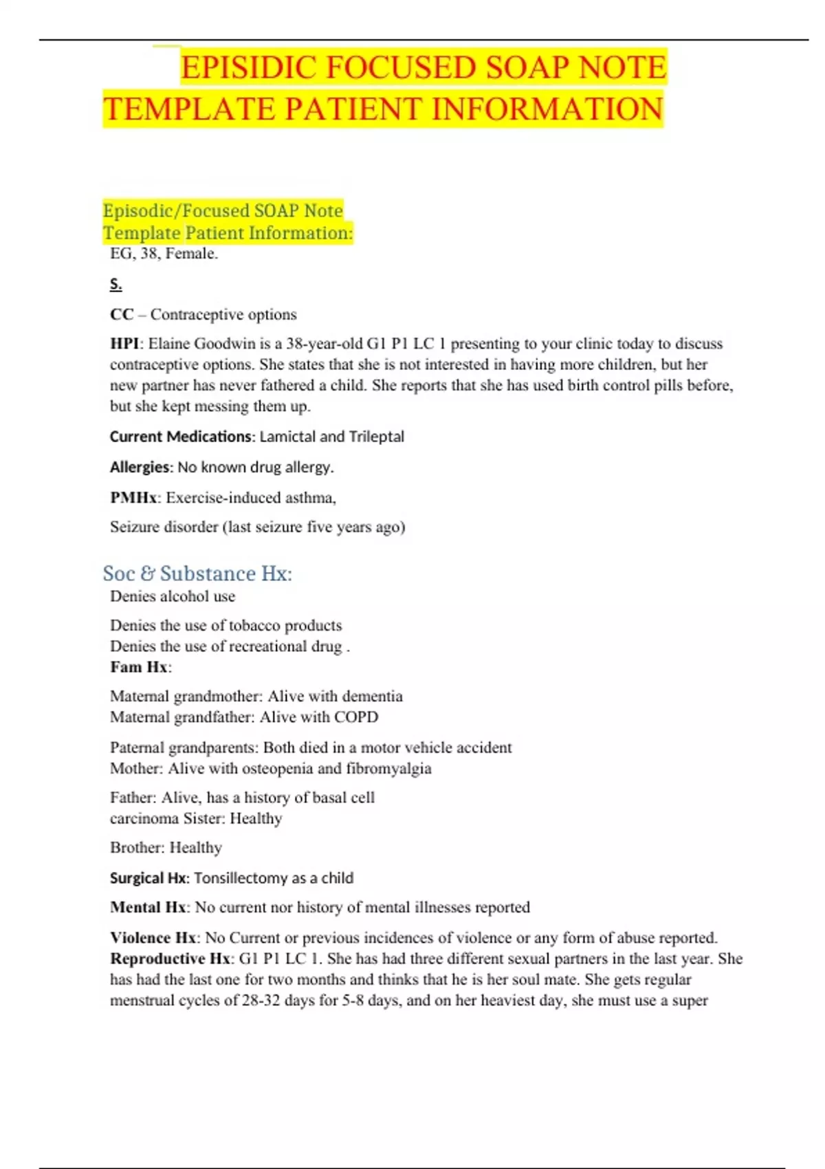 EPISIDIC FOCUSED SOAP NOTE TEMPLATE PATIENT INFORMATION - EPISIDIC ...