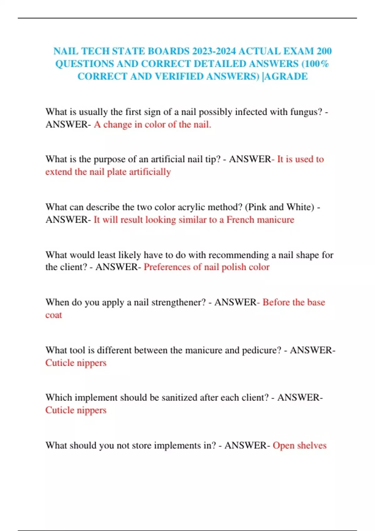 NAIL TECH STATE BOARDS ACTUAL EXAM 200 QUESTIONS AND CORRECT DETAILED ...
