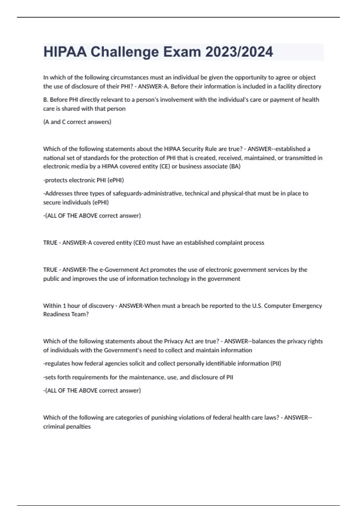 HIPAA Challenge Exam 2023/2024 - HIPAA Challenge - Stuvia US